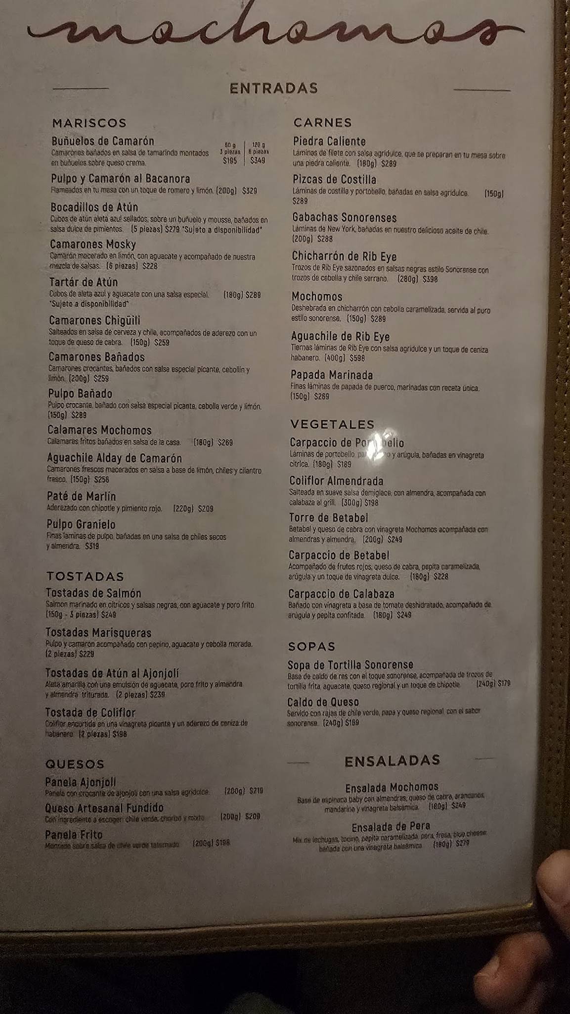 Menu at Mochomos Torreón restaurant, Torreón