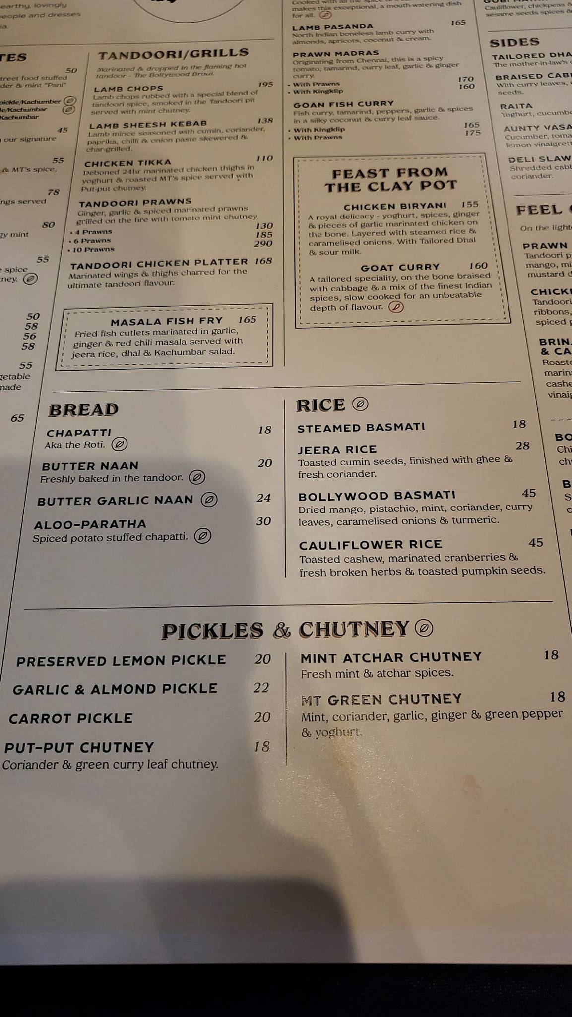 Menu at Modern Tailors restaurant, Johannesburg