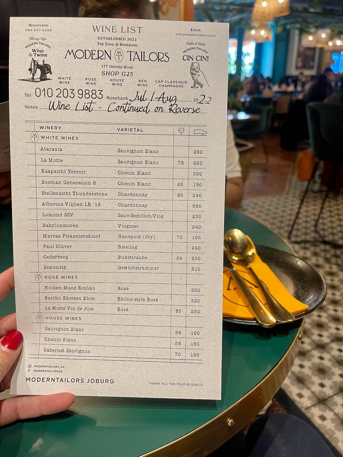 Menu at Modern Tailors restaurant, Johannesburg