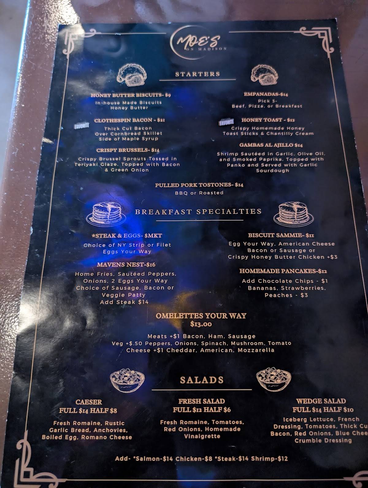 Menu at Moe’s on Madison restaurant, Dublin