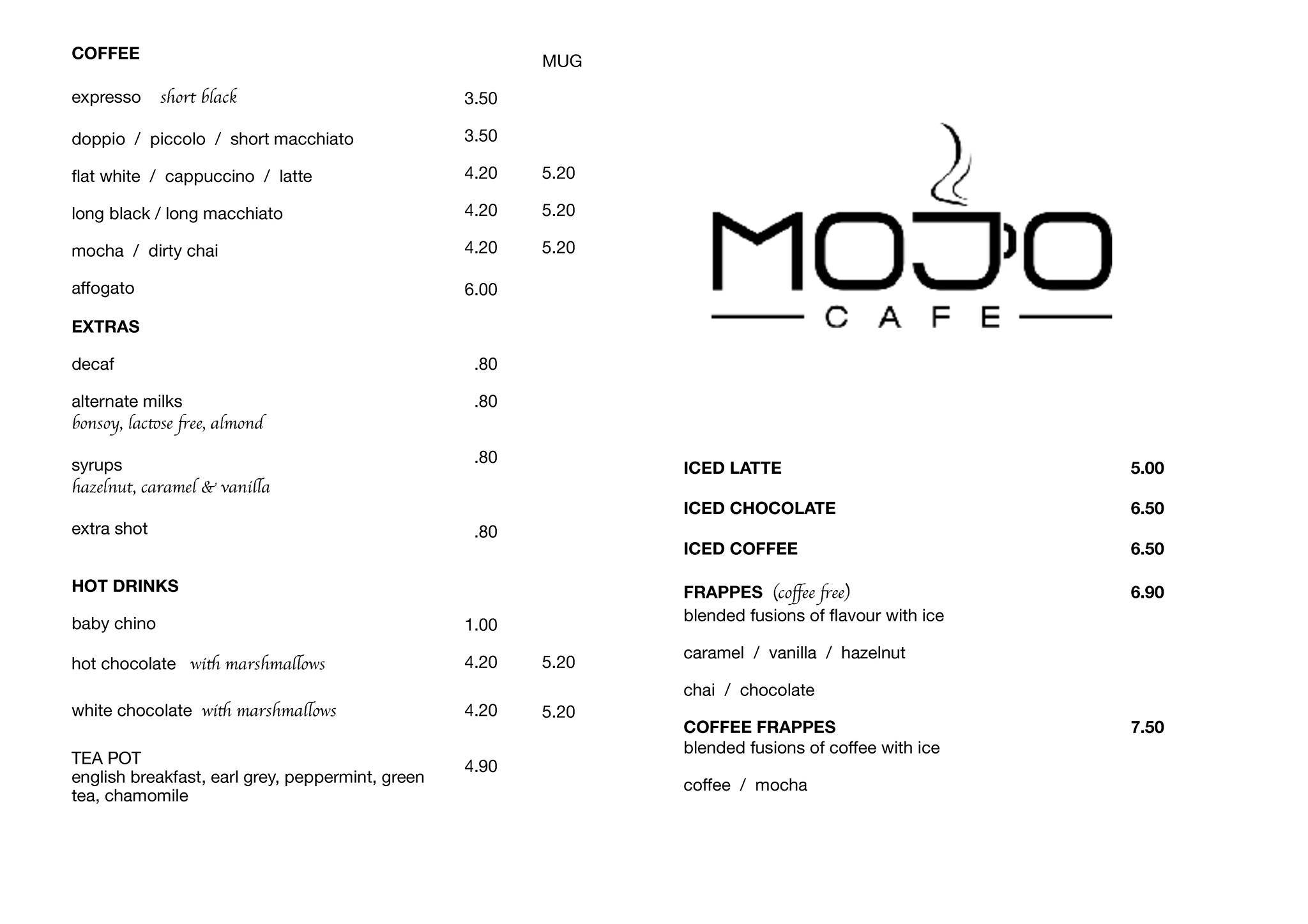 Menu at Mojo Cafe Newmarket, Brisbane City