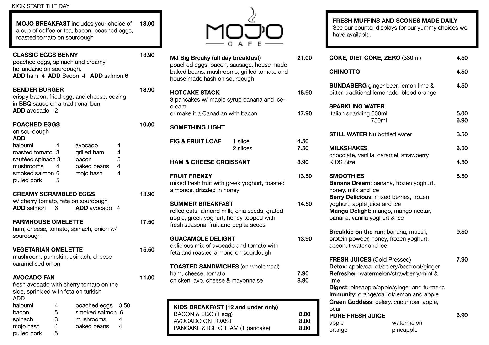 Menu at Mojo Cafe Newmarket, Brisbane City