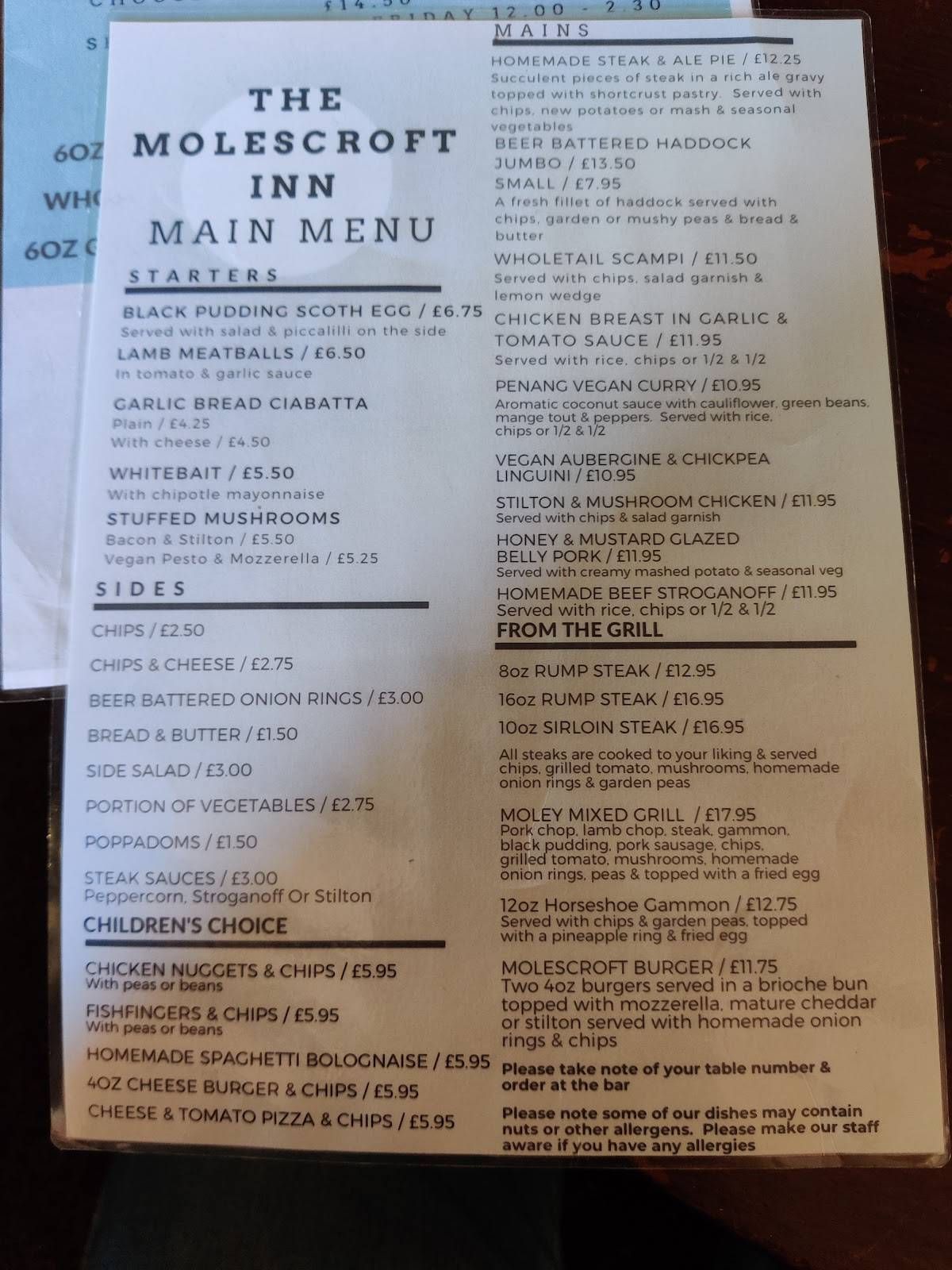 Menu at Molescroft Inn pub & bar, Beverley, 75 Molescroft Rd