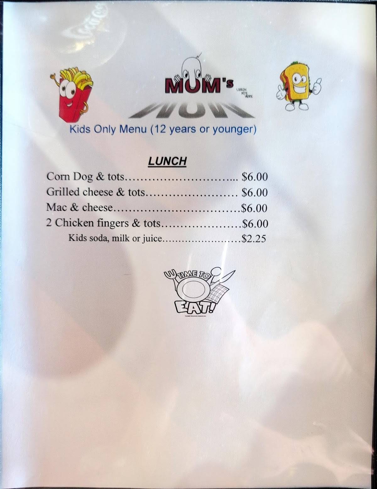 Menu at Mom's restaurant, Kearns