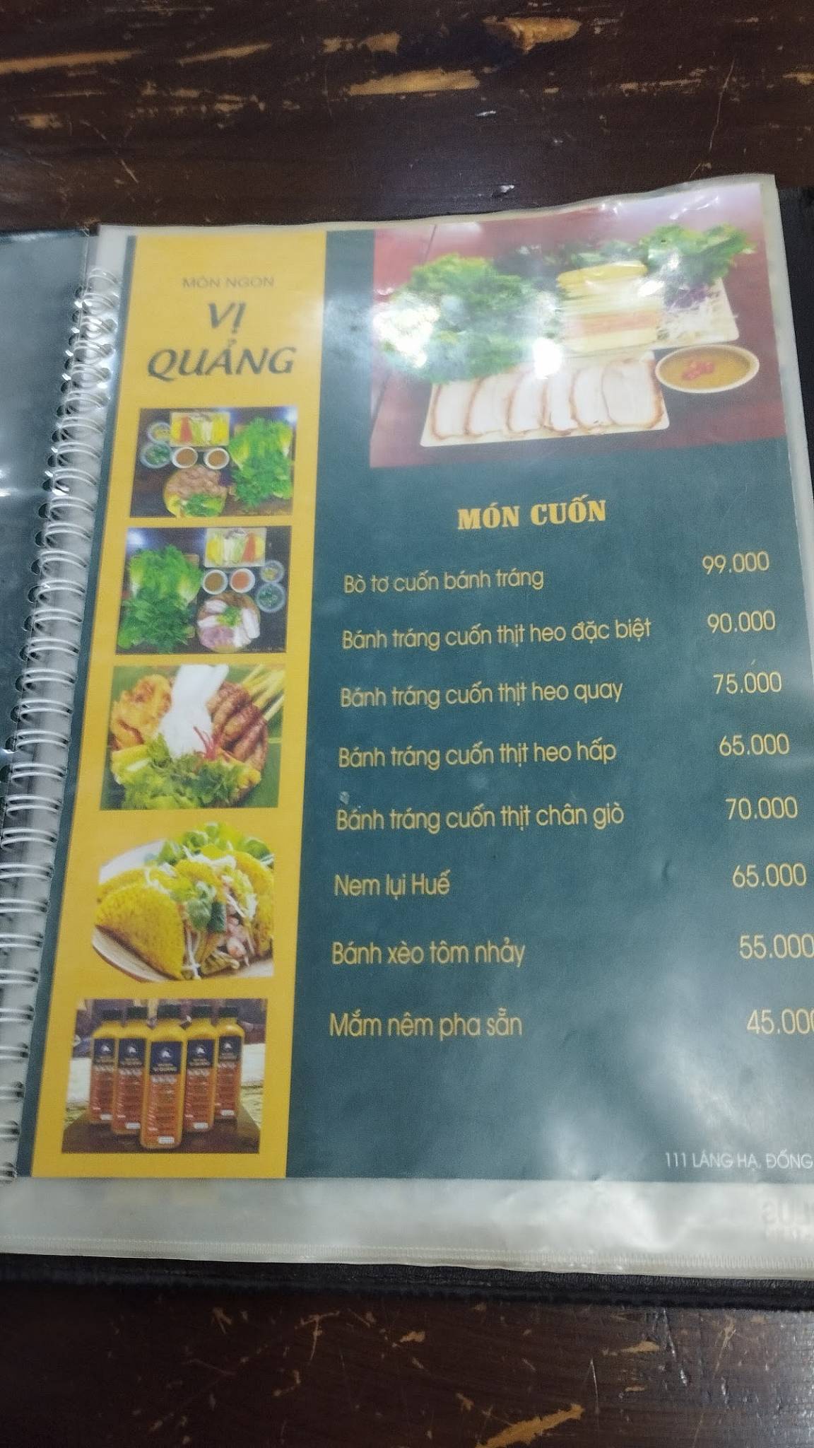 Menu at Món ngon Vị Quảng restaurant, Hanoi