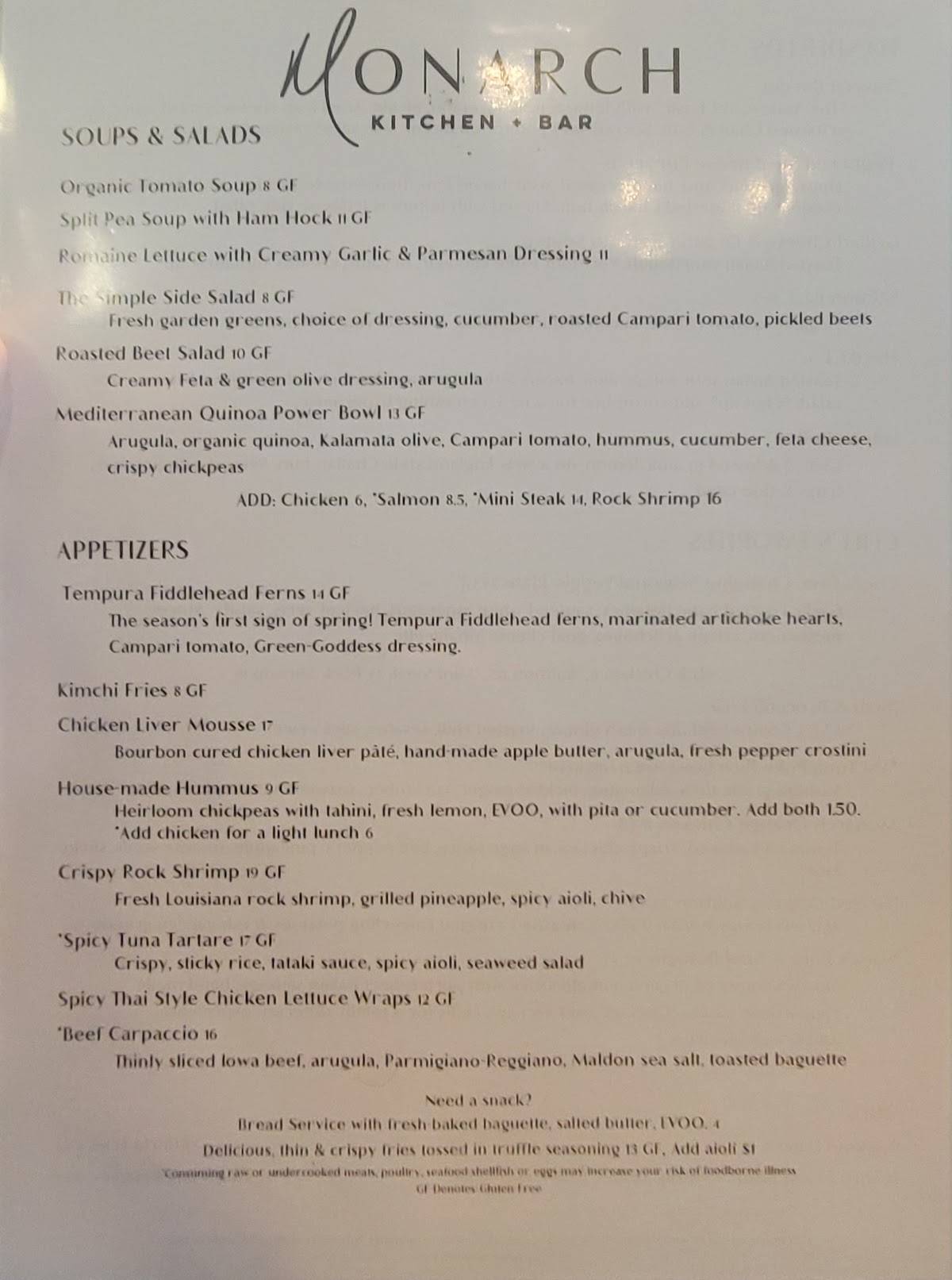Menu at Monarch -Kitchen & Bar, Davenport
