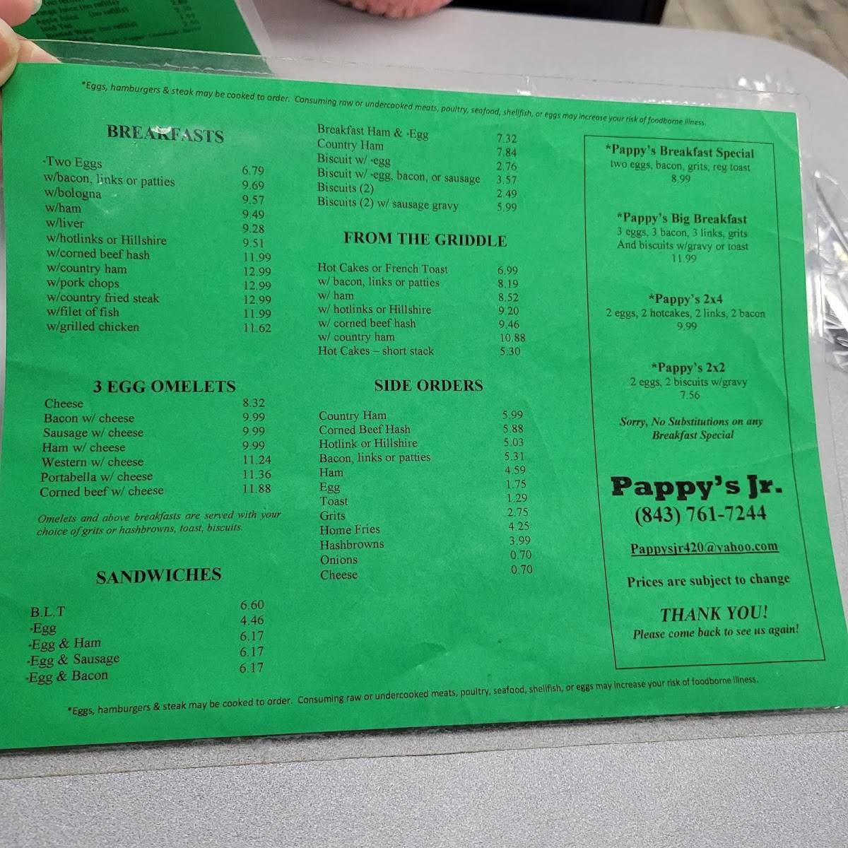 Menu at Pappy's Jr restaurant, Moncks Corner