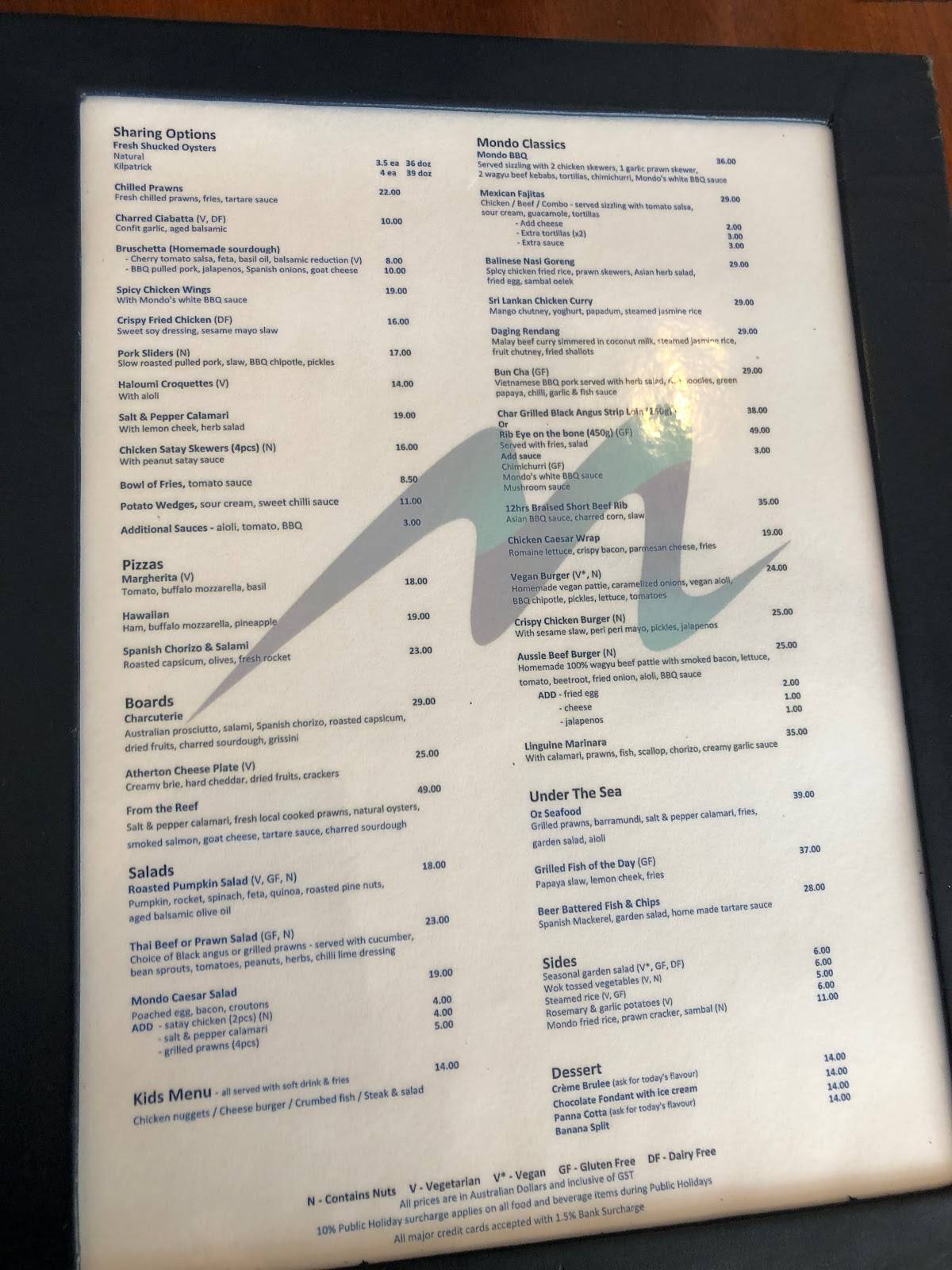Menu at Mondo on the Waterfront restaurant, Cairns City, 34 Esplanade