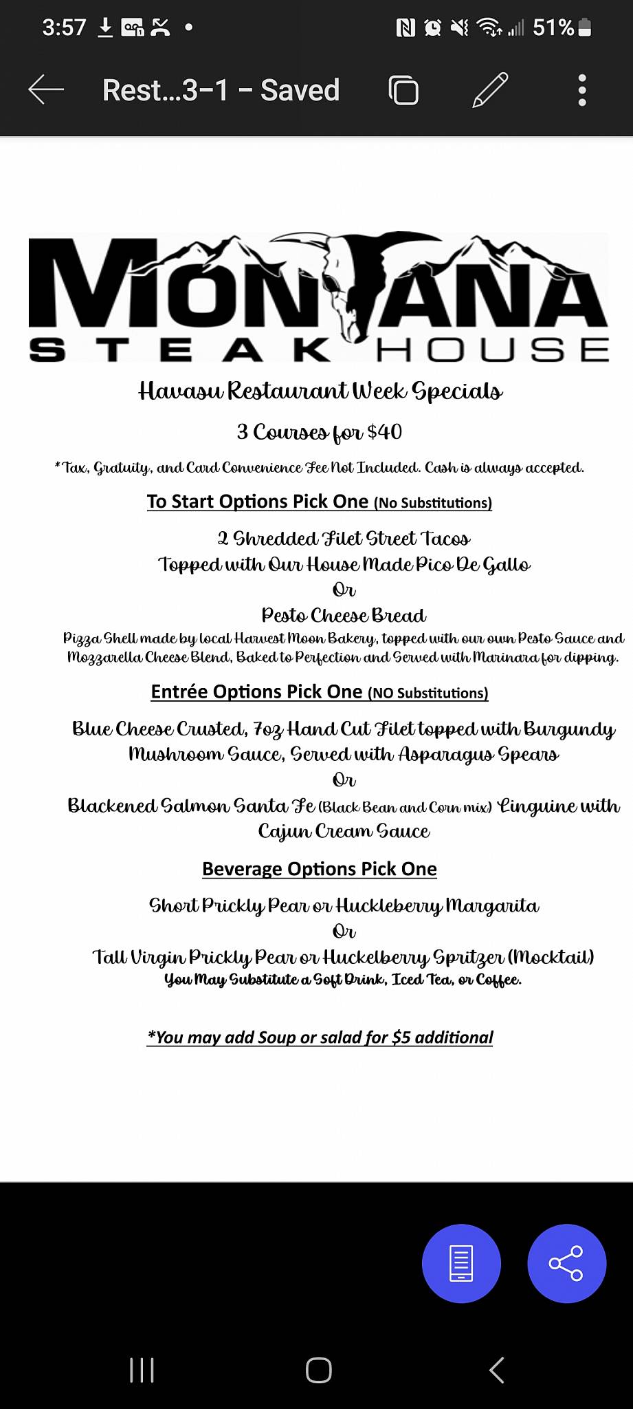 Menu at Montana's steakhouse, Lake Havasu City