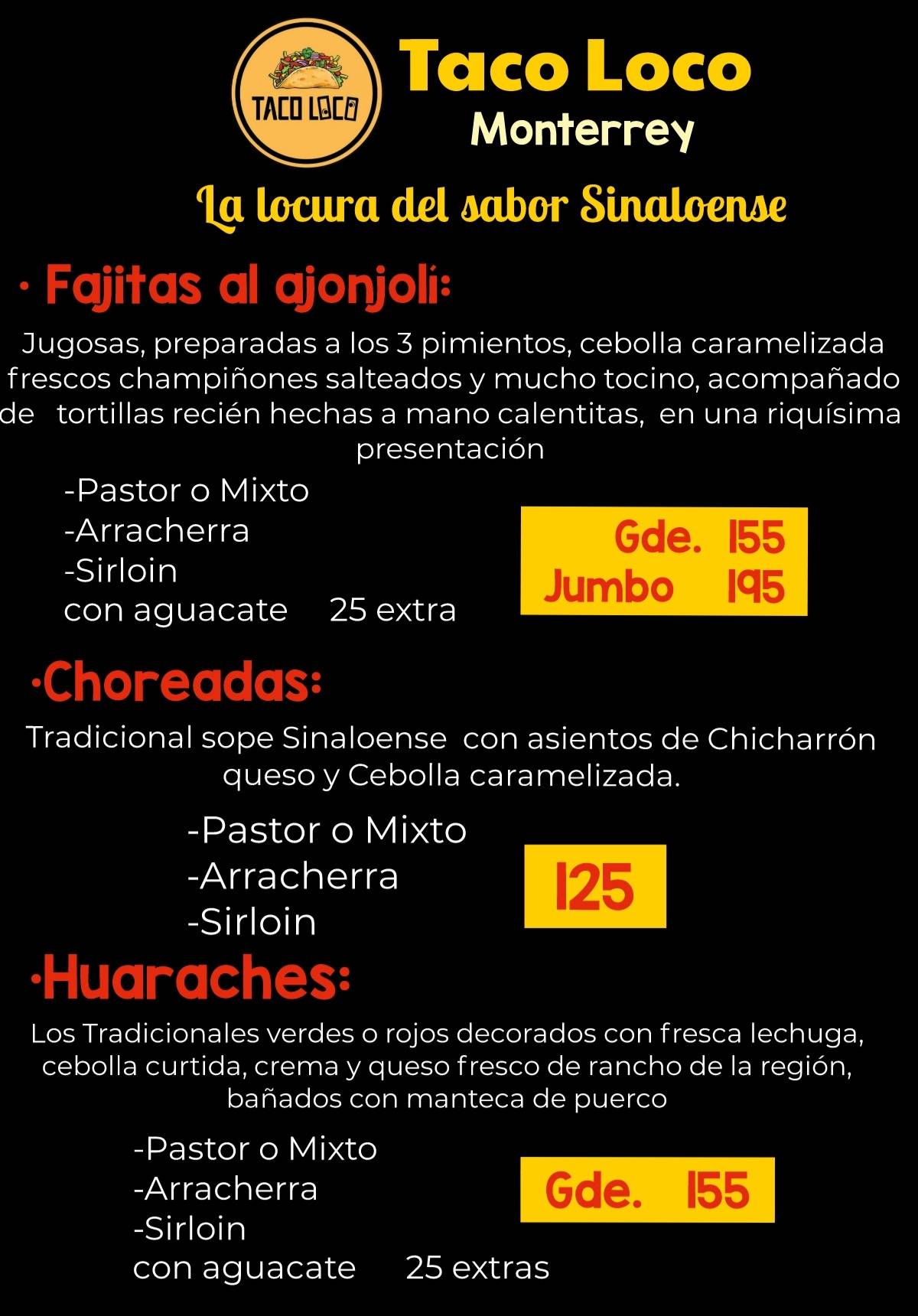 Menu at Taco Loco restaurant, Monterrey, Real de Cumbres 445