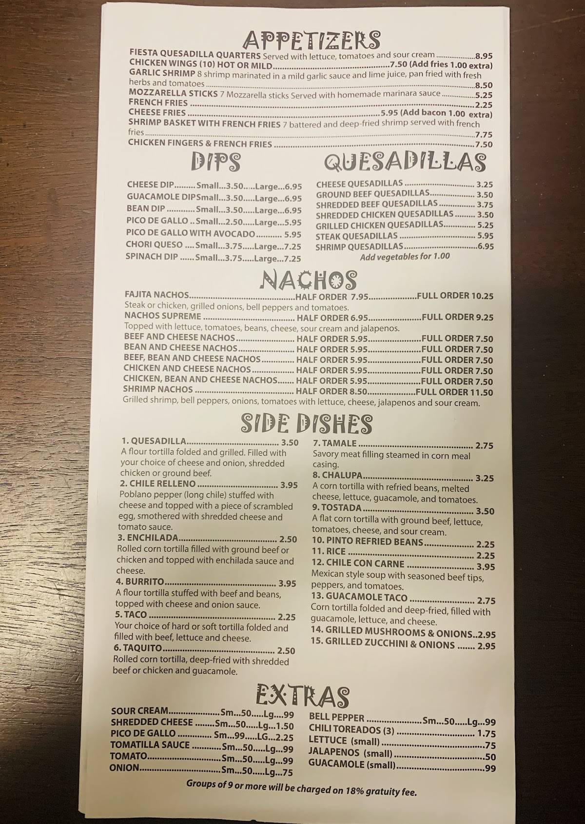 Menu at Los Maya’s restaurant, Wetumpka, US-231