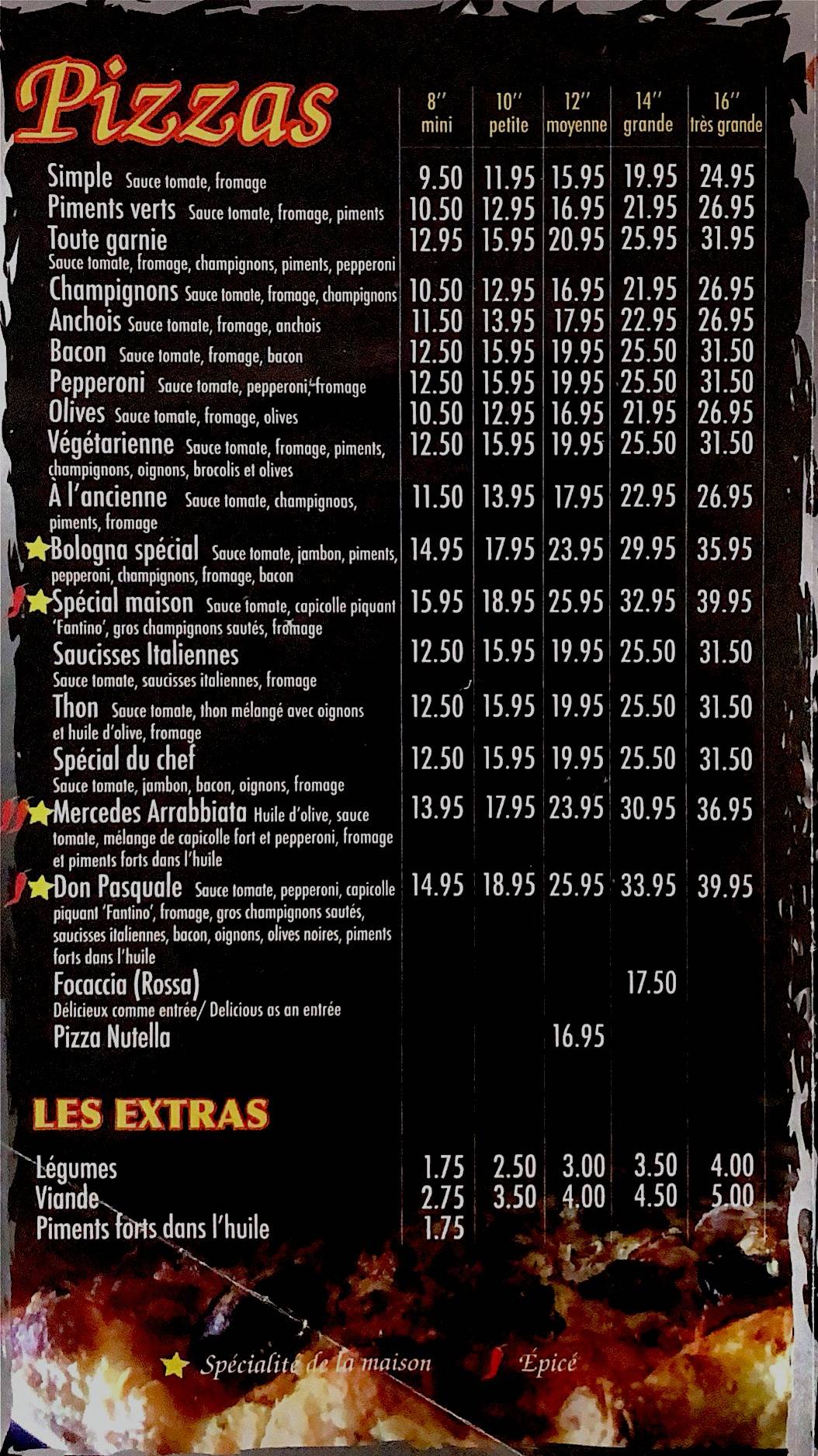 Menu au Pizzeria Da Bologna (apportez votre vin!), Montréal