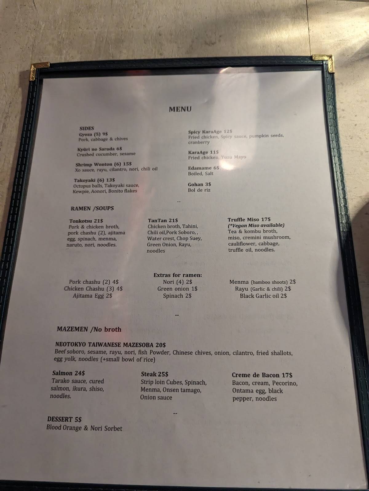 Menu au Neotokyo restaurant, Montréal