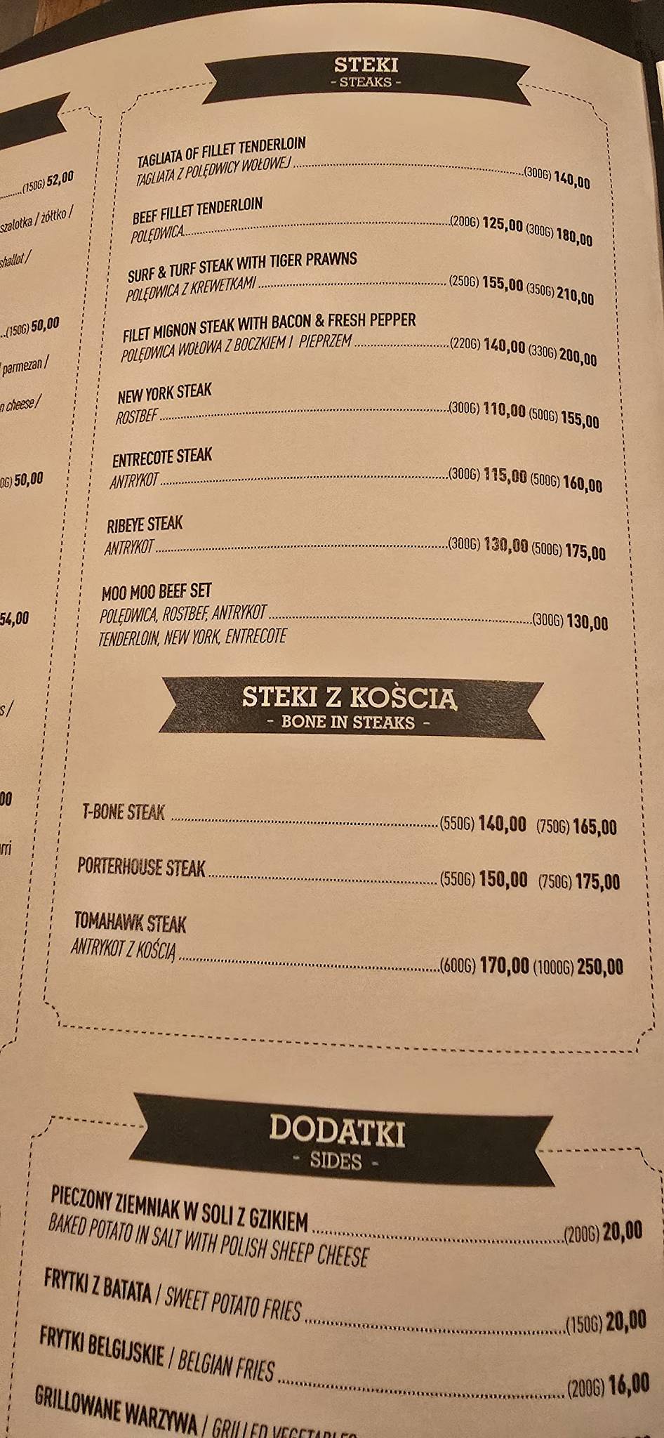 Menu at Moo Moo Steak & Burger Club, Kraków, Świętego Krzyża 15