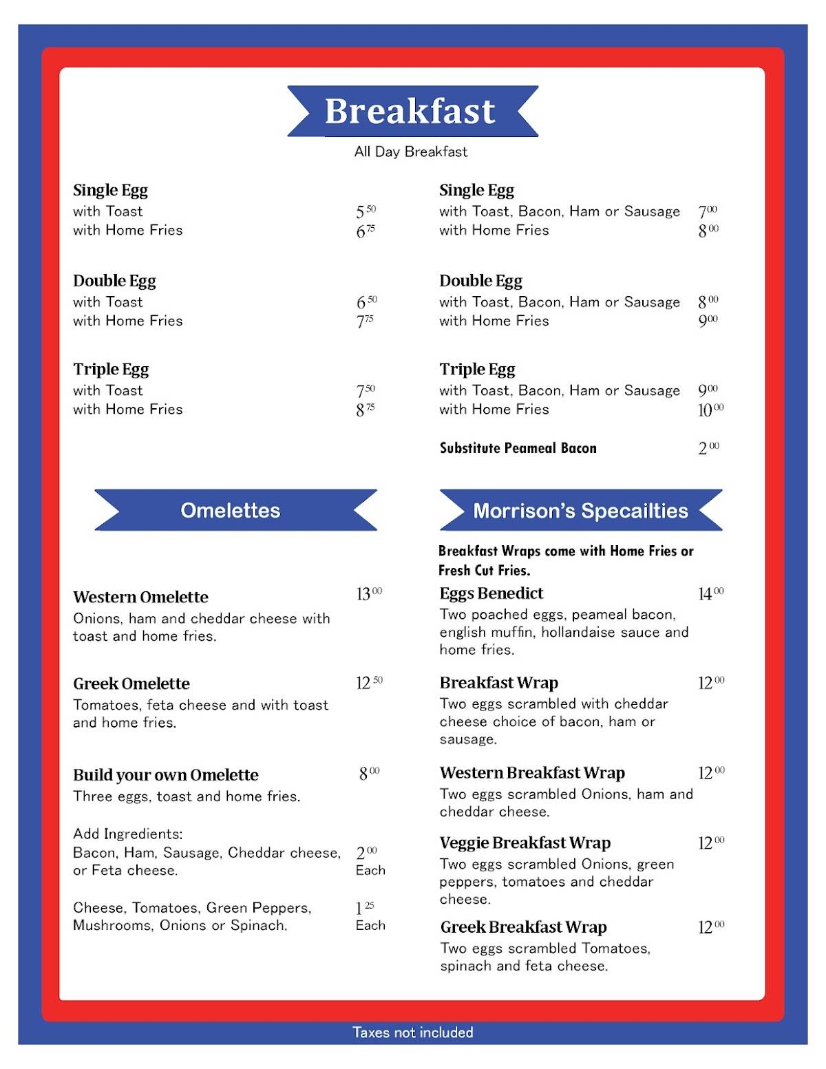Menu at Morrison's Restaurant, Kingston