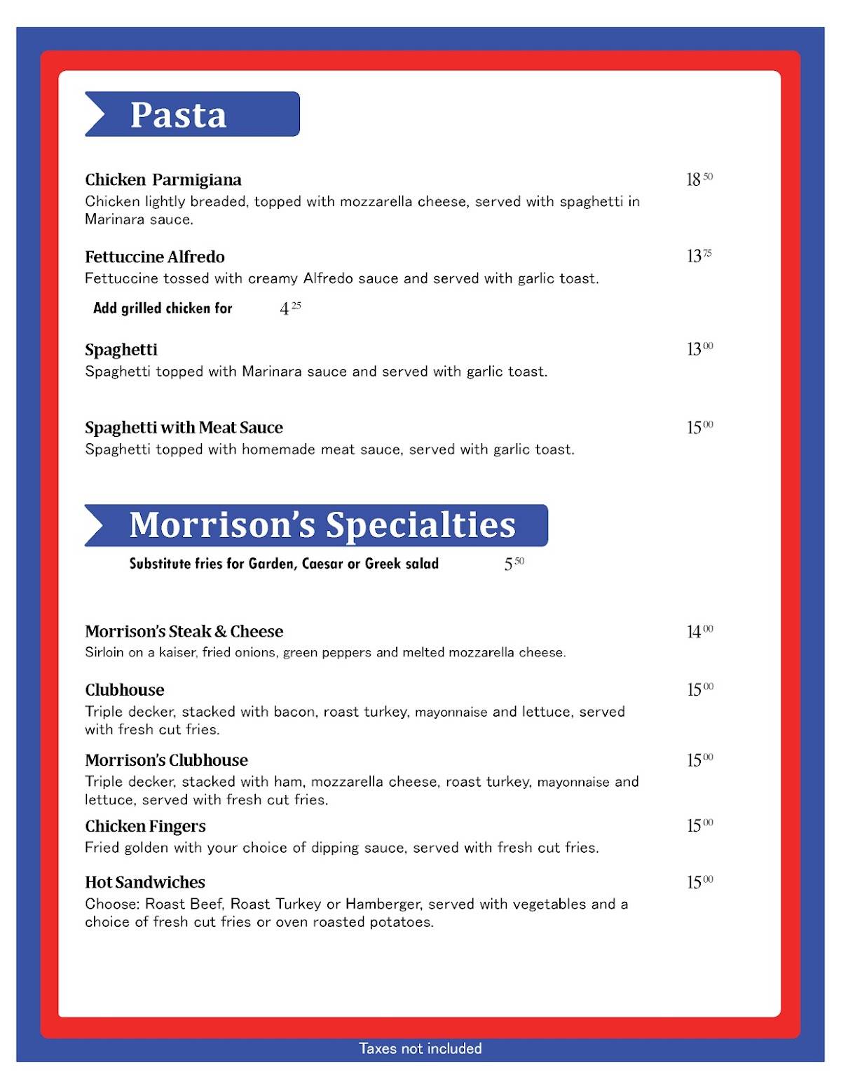 Menu at Morrison's Restaurant, Kingston
