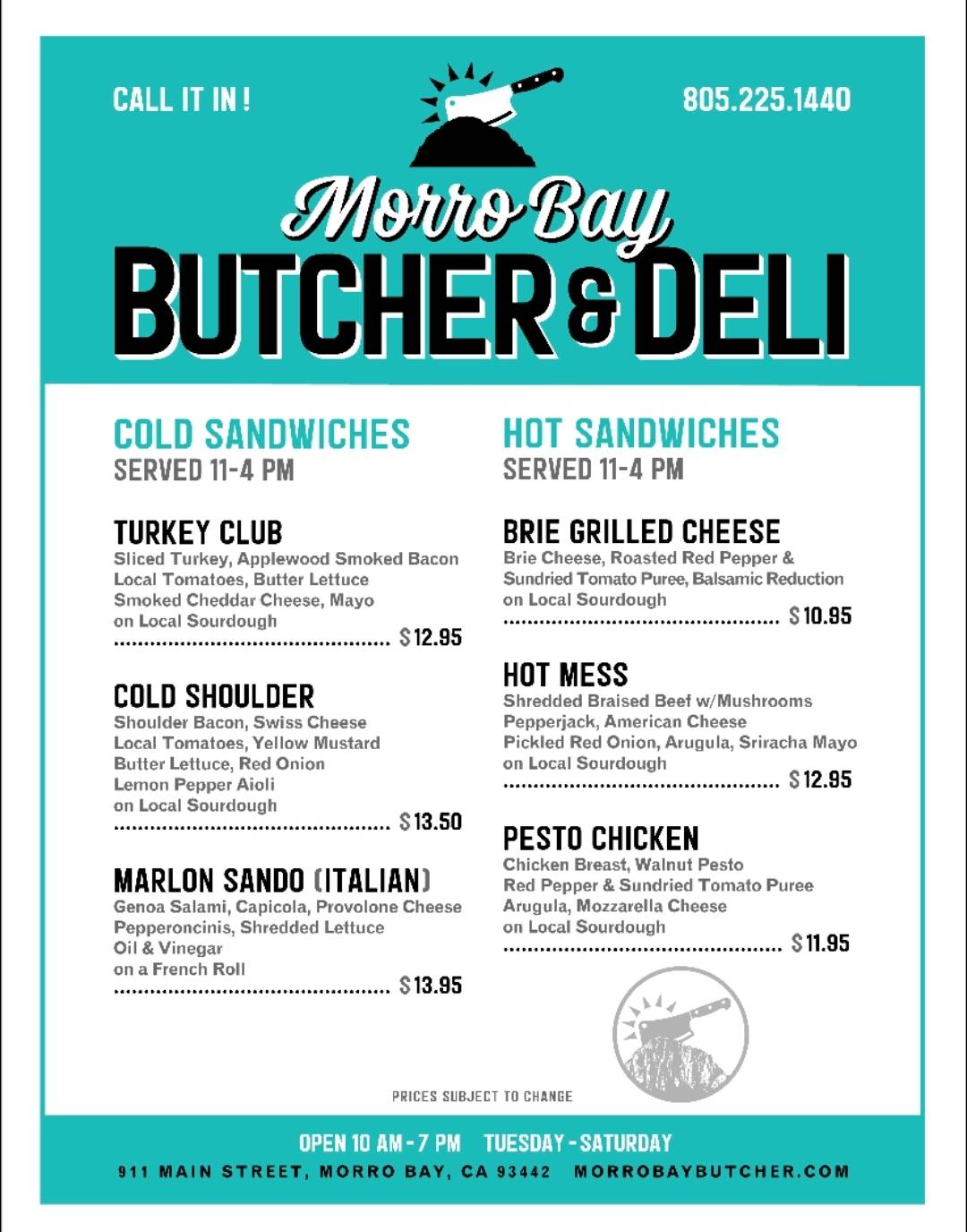 Menu at Morro Bay Butcher & Deli restaurant, Morro Bay