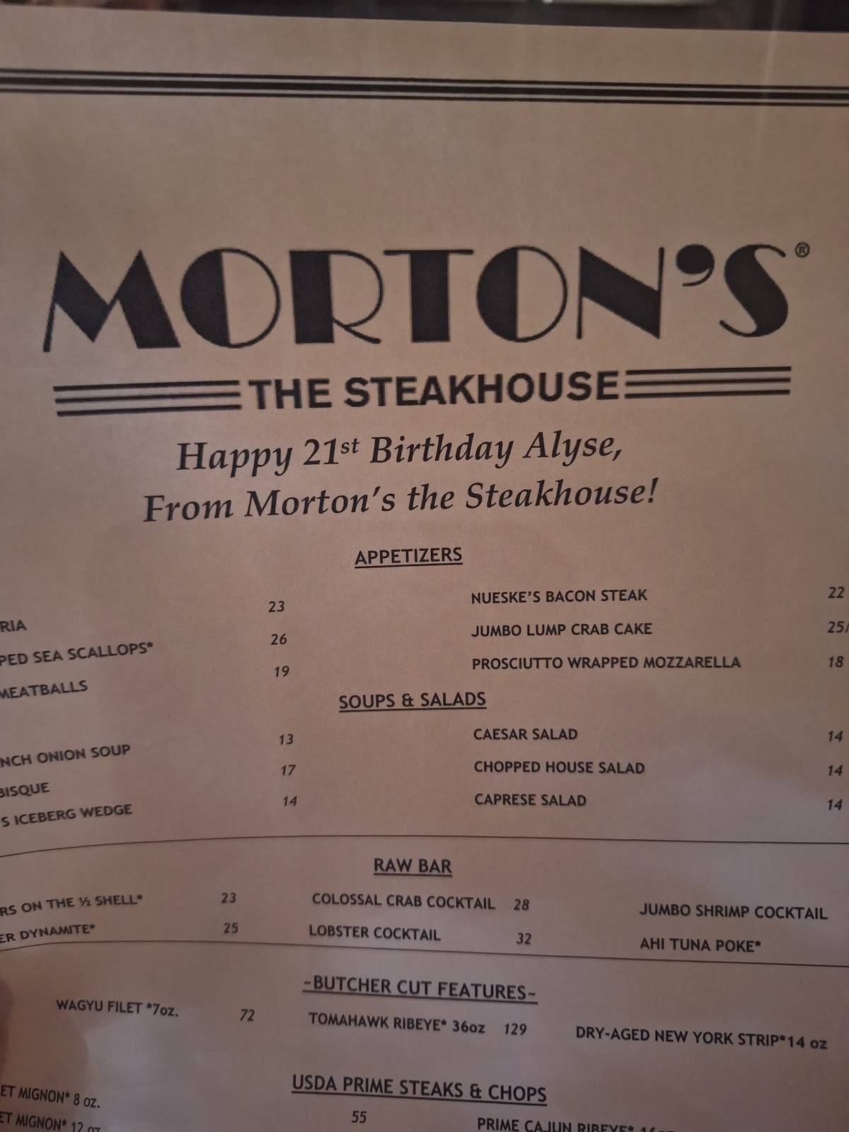 Menu at Morton's The Steakhouse, Cleveland