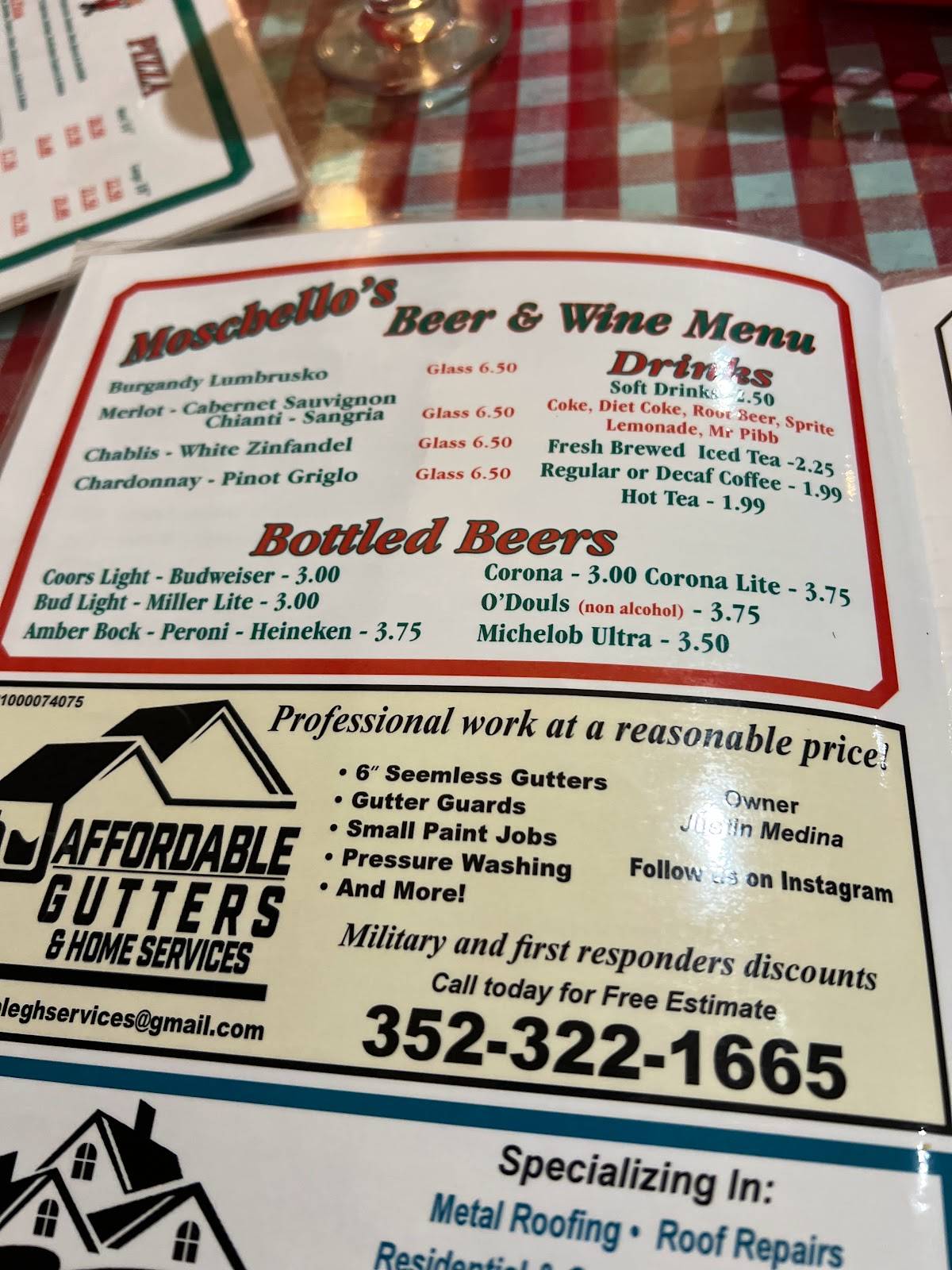 Menu at Moschello's Pizza pizzeria, Homosassa