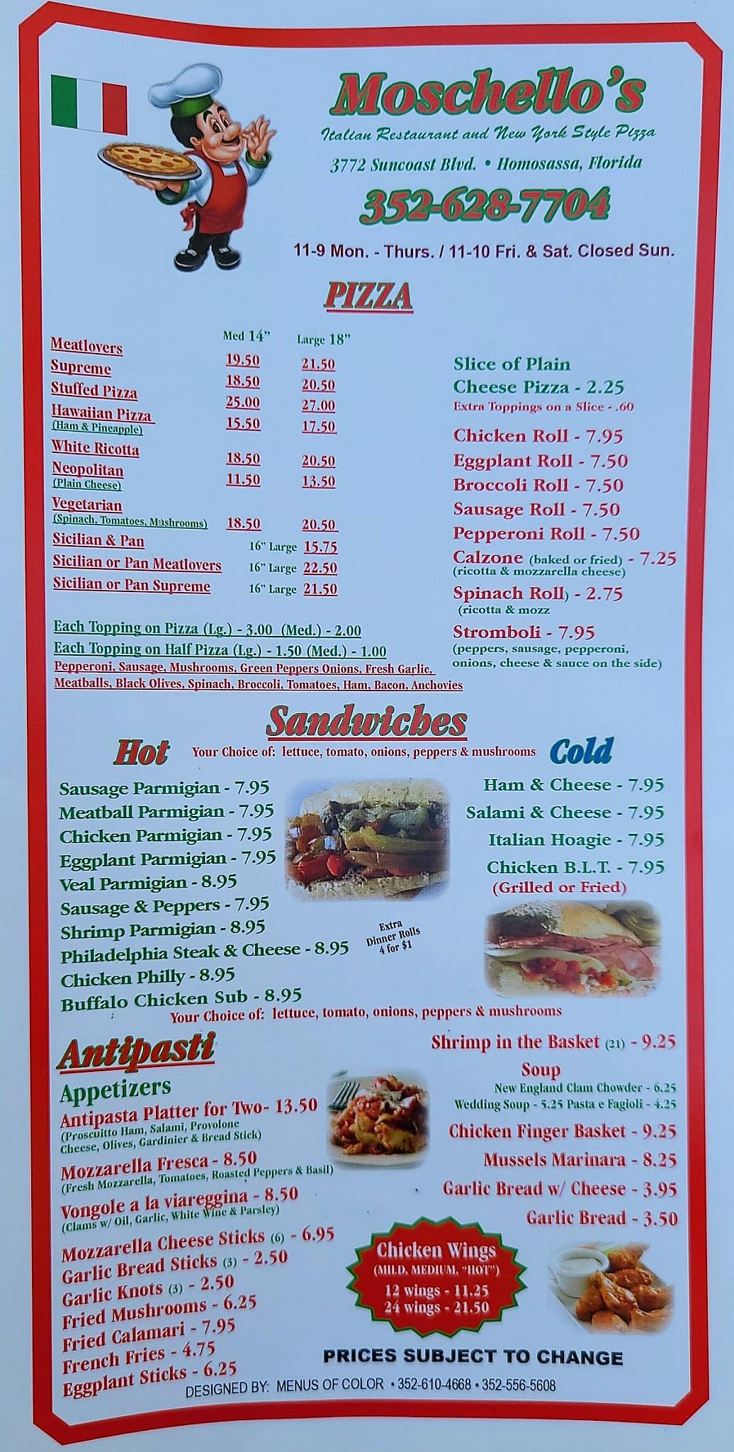 Menu at Moschello's Pizza pizzeria, Homosassa