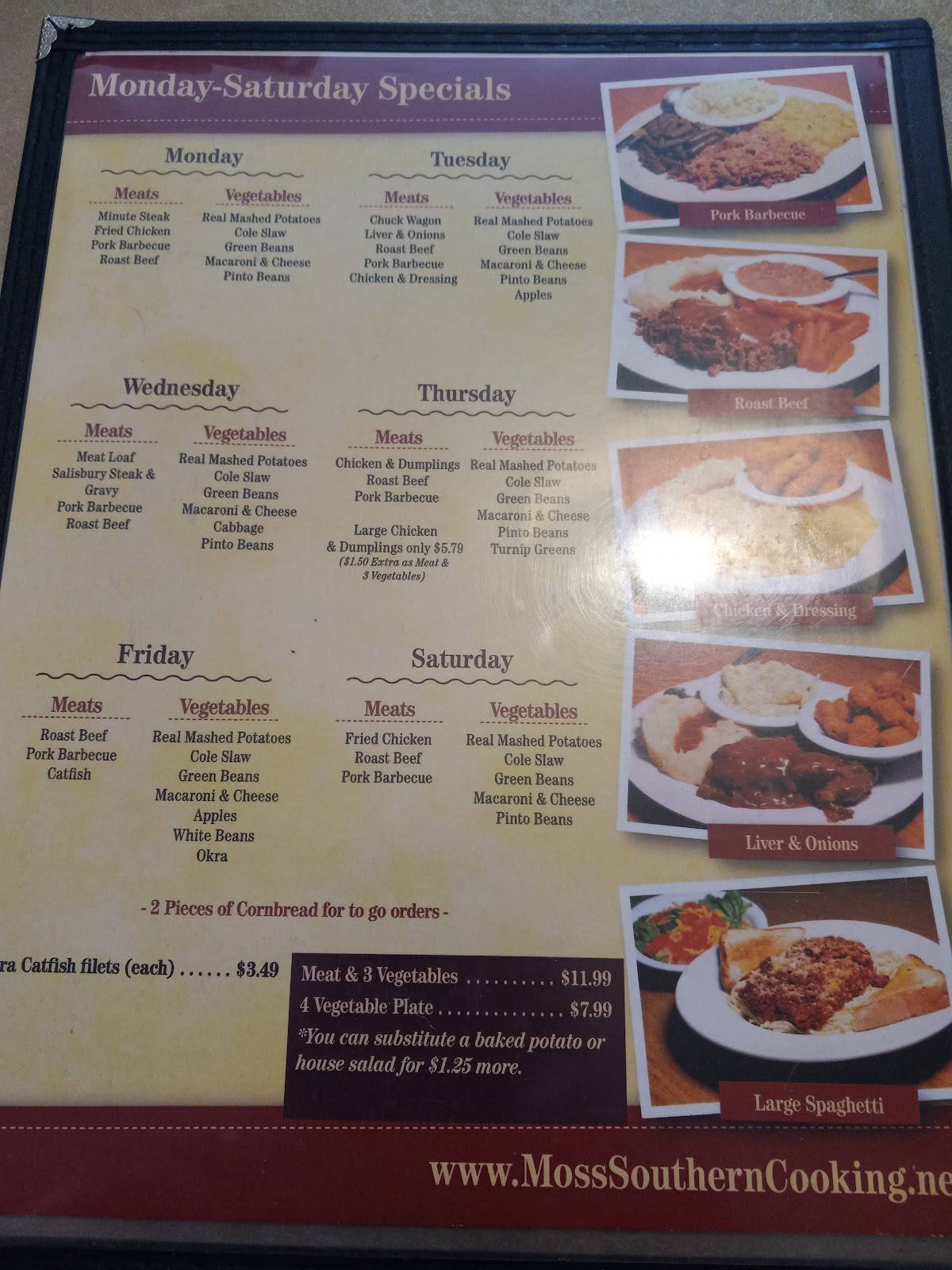 Menu at Moss' Southern Cooking steakhouse, Clarksville, 253 Clearview Dr