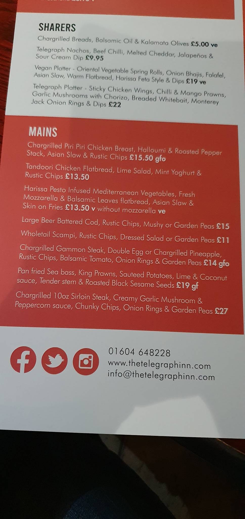 Menu at The Telegraph Inn(under new management) pub & bar, Northampton ...