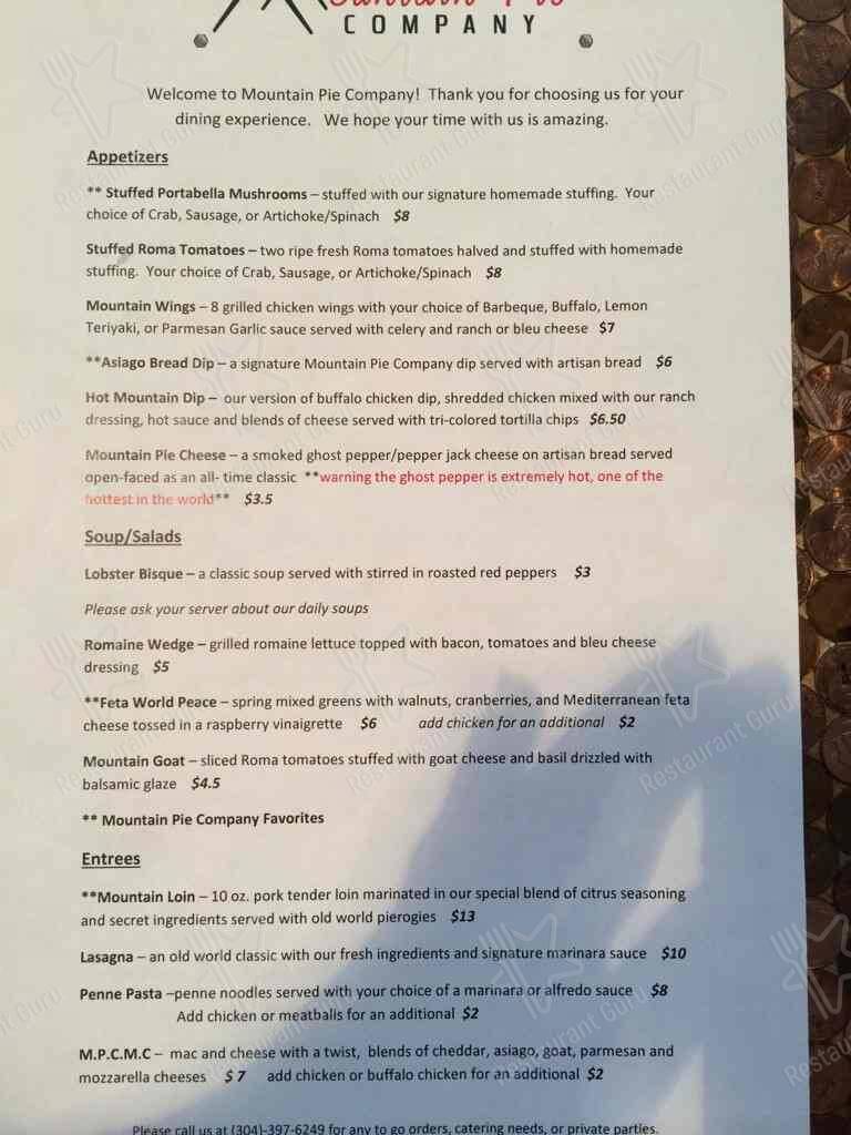 Menu at Mountain Pie Company pub & bar, Hurricane, Teays Valley Road A