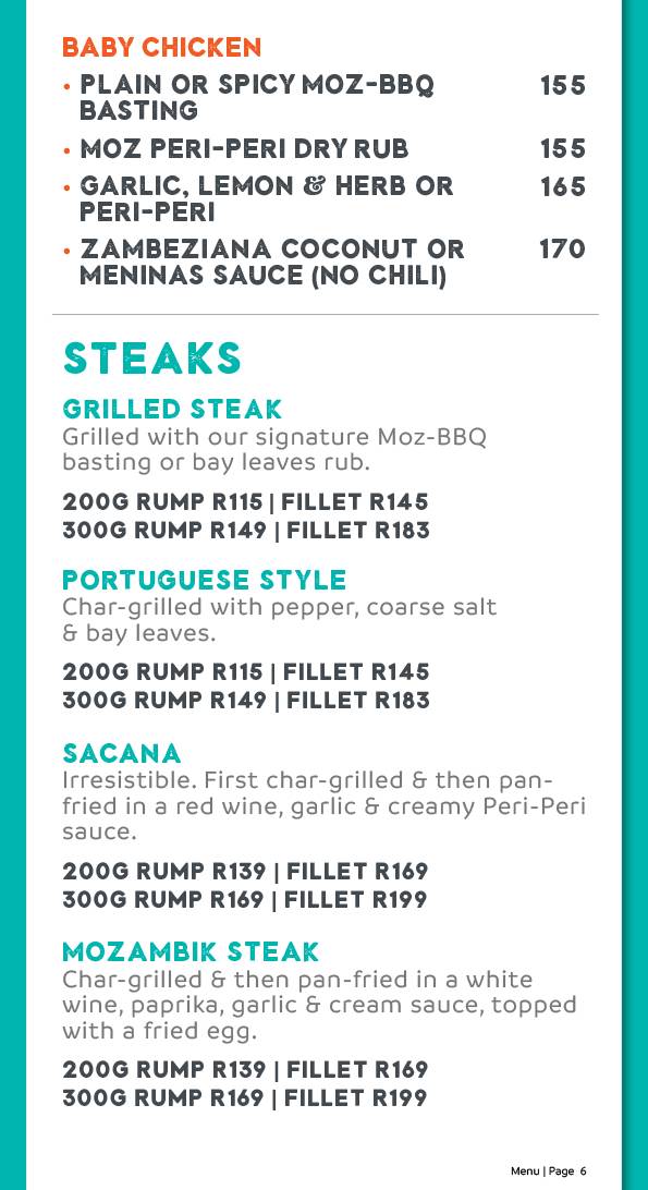 Menu at Mozambik Nelspruit restaurant, Nelspruit