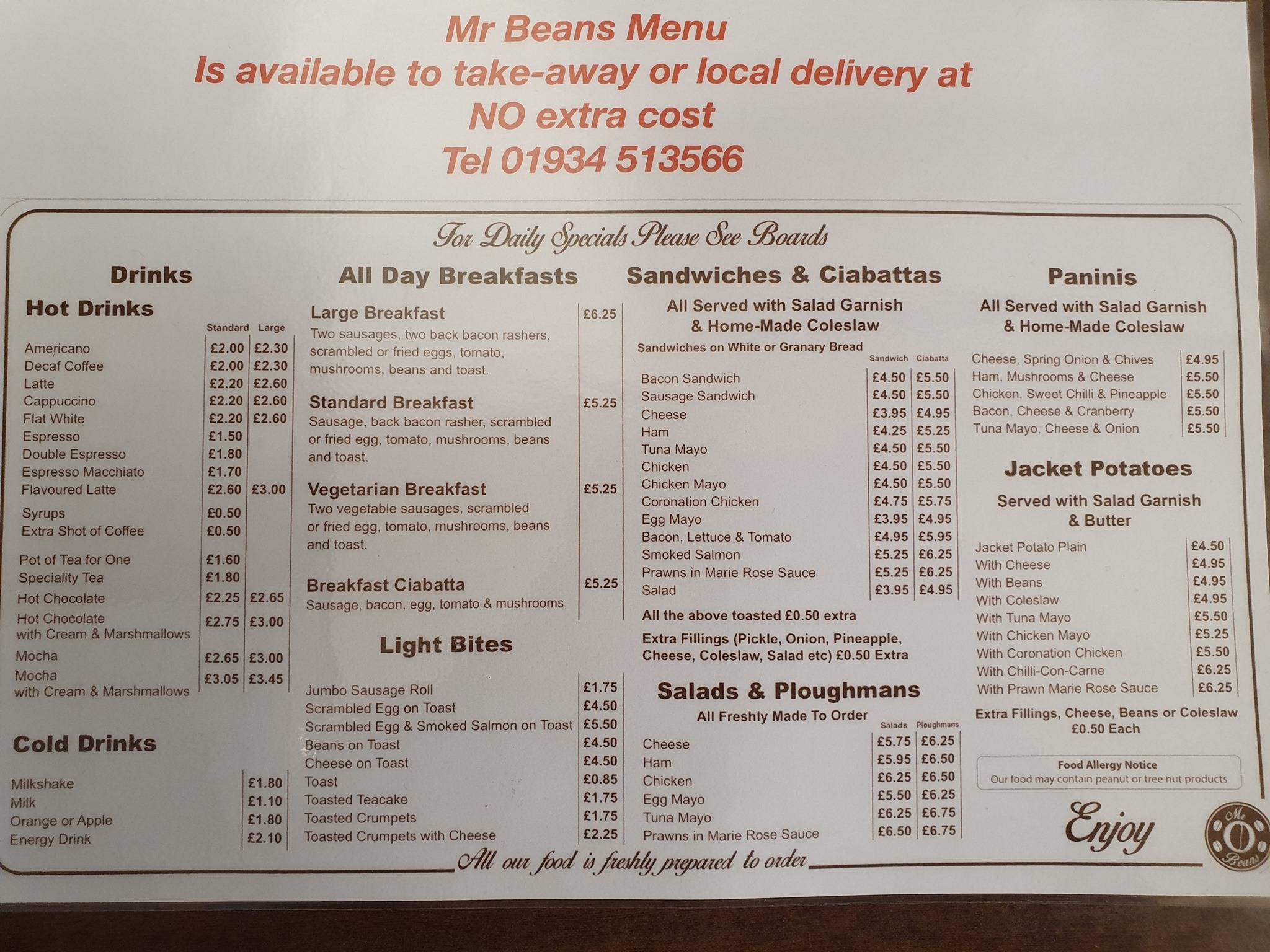 Menu at Mr Beans Coffee Shop cafe, Weston-super-Mare