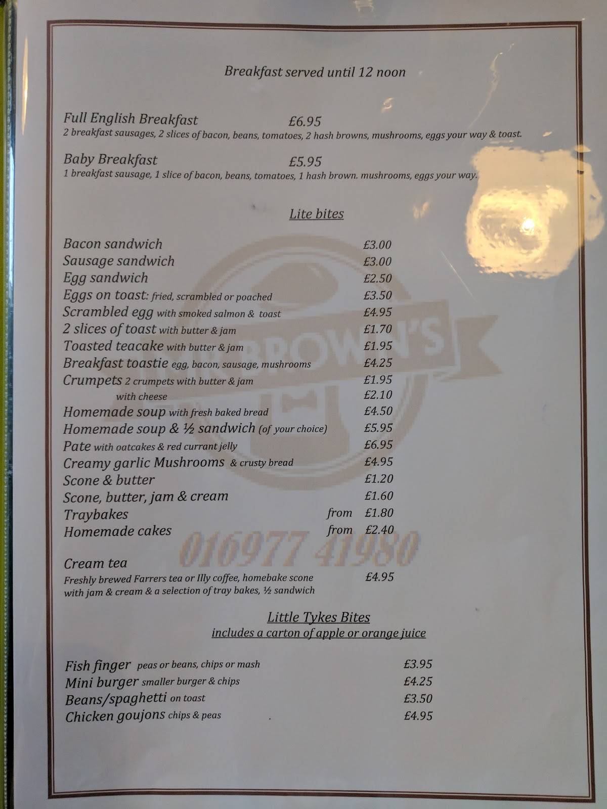Menu at Mr Browns cafe, Brampton