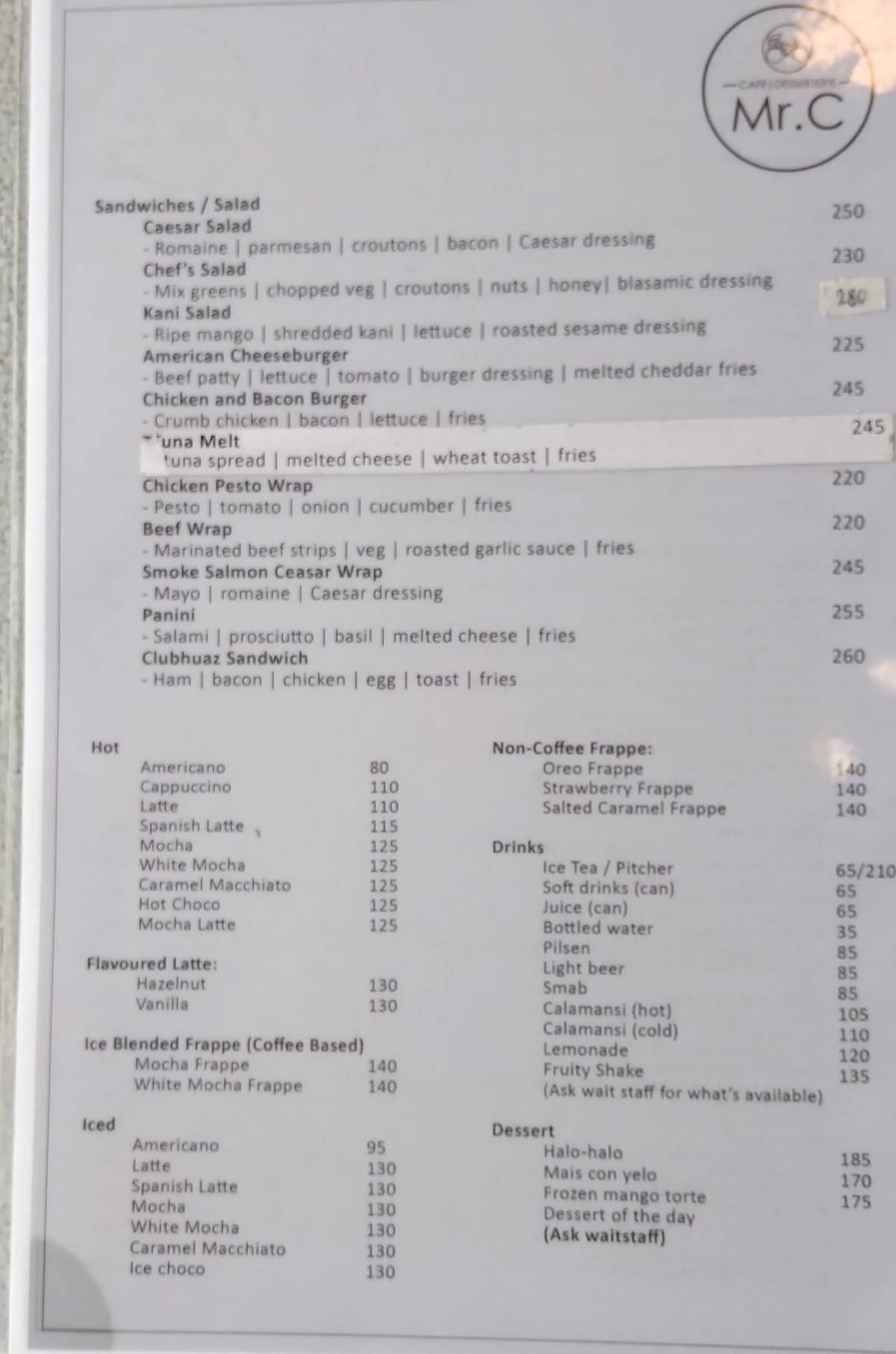Menu at Mr. C restaurant, San Carlos City