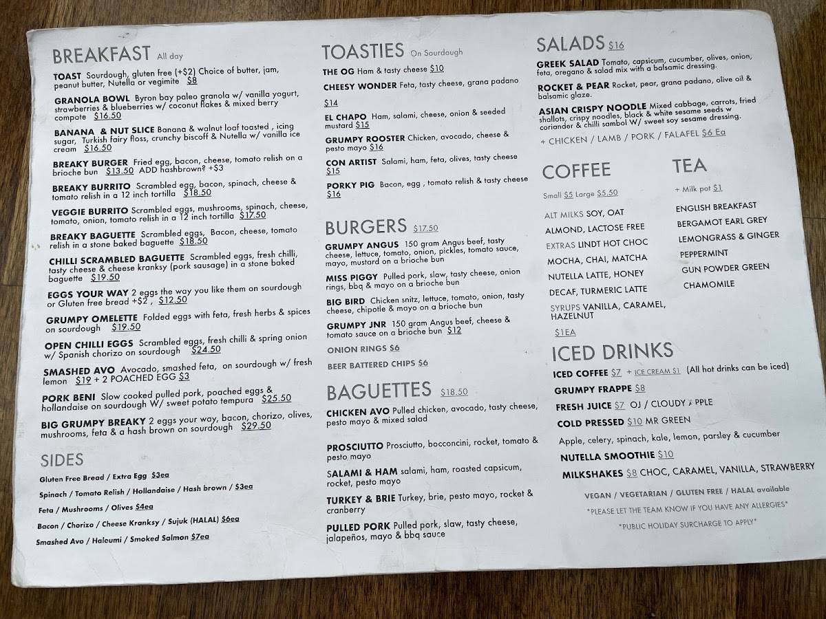 Menu at Mr Grumpy's Cafe, Mulgrave