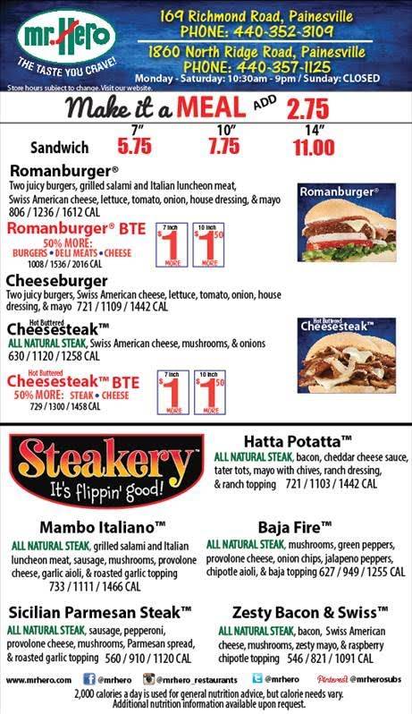 Menu at Mr. Hero restaurant, Painesville, 169 Richmond St