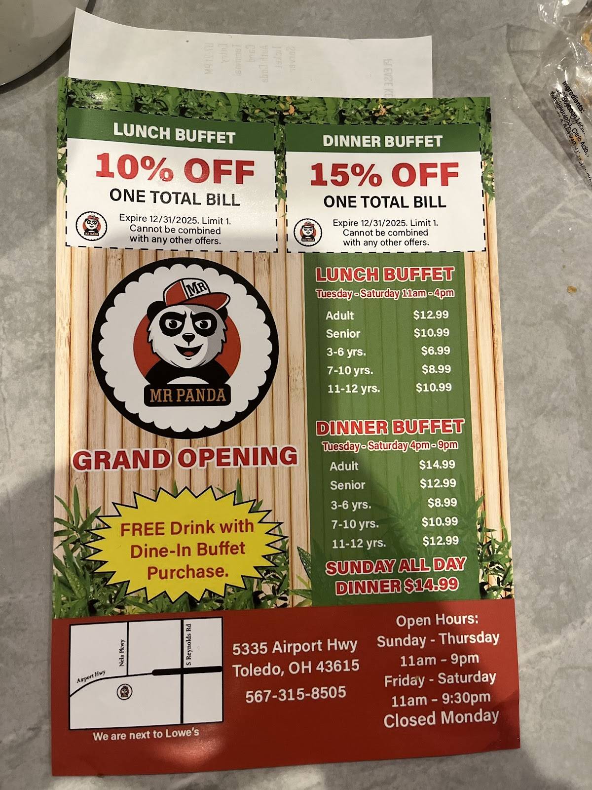 Menu at Mr Panda Buffet restaurant, Toledo