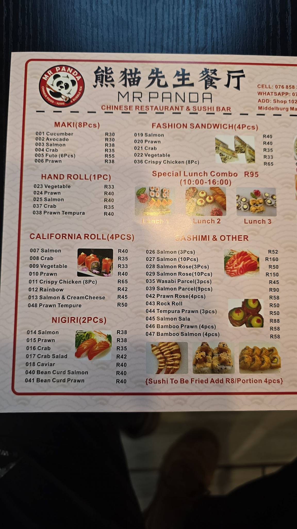 Menu at Mr Panda Chinese Restaurant Middelburg Mall, Middelburg