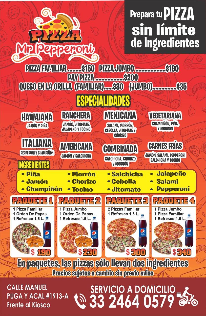 Carta del restaurante Mr. Pepperoni pizza, Guadalajara