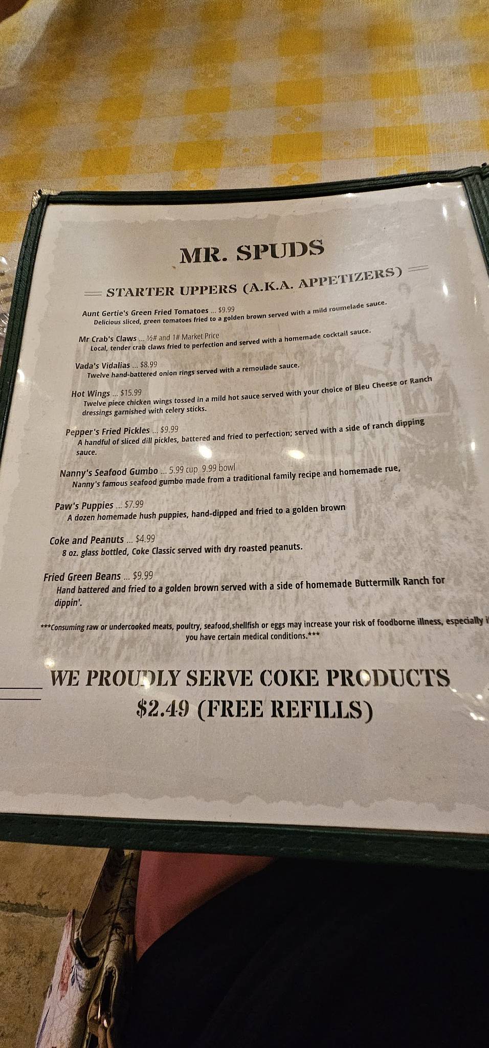 Menu at Mr Spuds restaurant, Fairhope