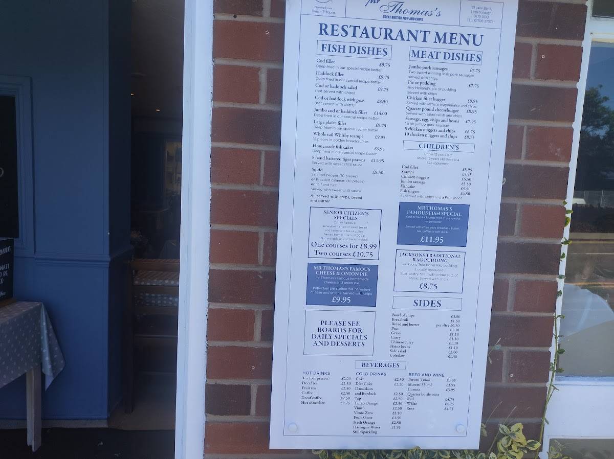 Menu at Mr Thomas's fast food, Littleborough