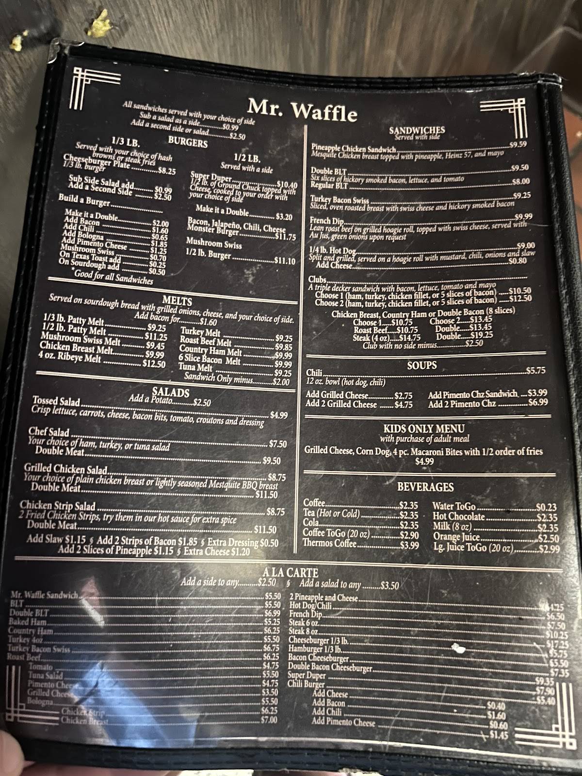 Menu at Mr. Waffle restaurant, Gaffney