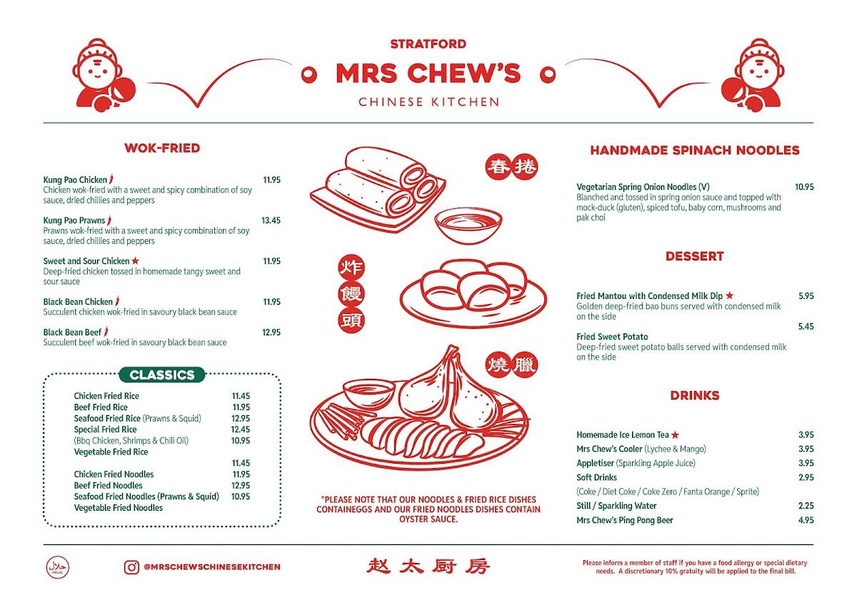 Menu at Mrs Chew's restaurant, London