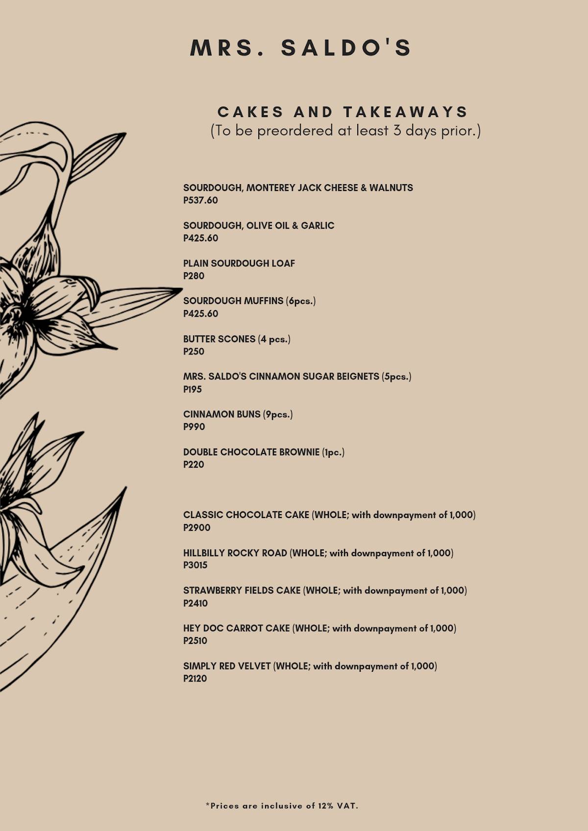 Menu at Mrs. Saldo's restaurant, Silang