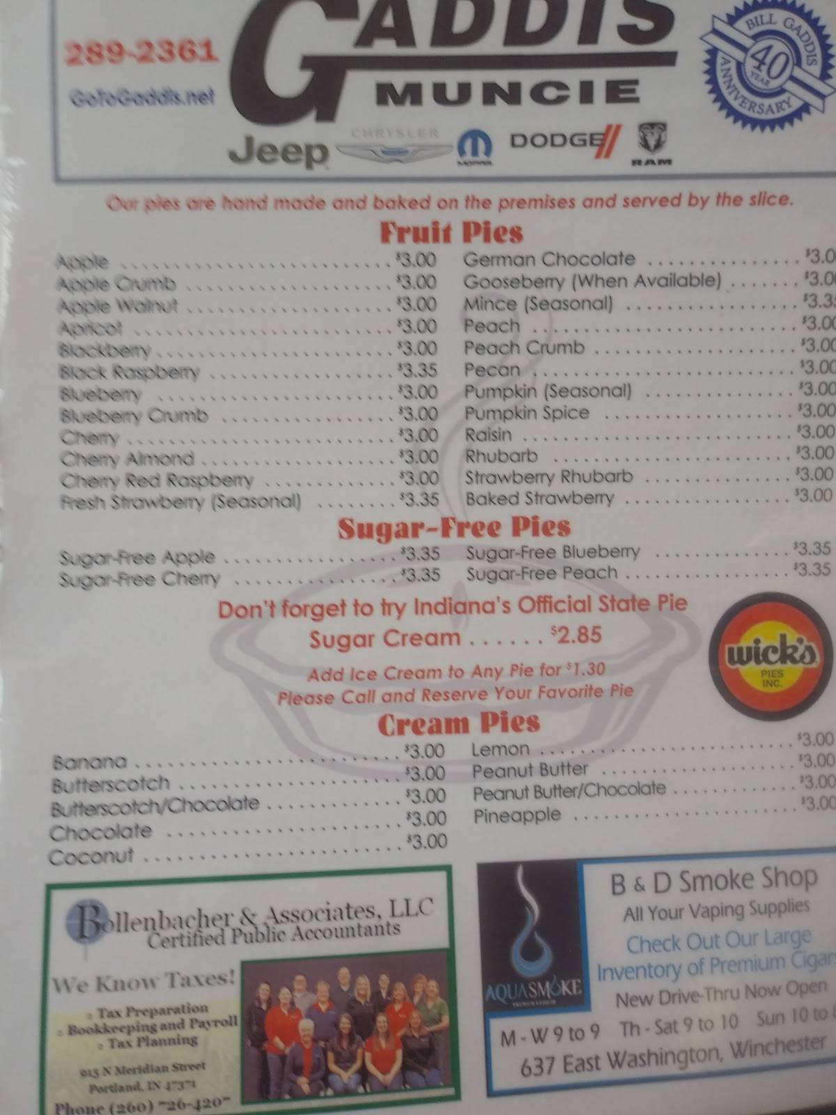 Menu at Mrs. Wick's Restaurant & Pie Shop, Winchester