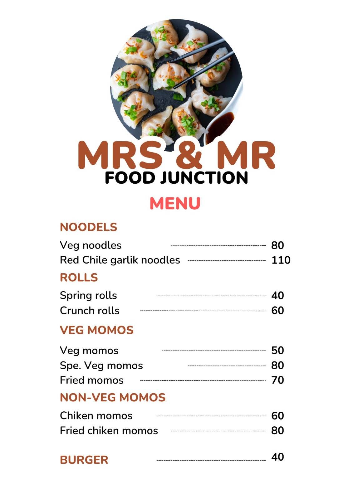 Menu at Mrs & Mr Food Junction, Sahibzada Ajit Singh Nagar