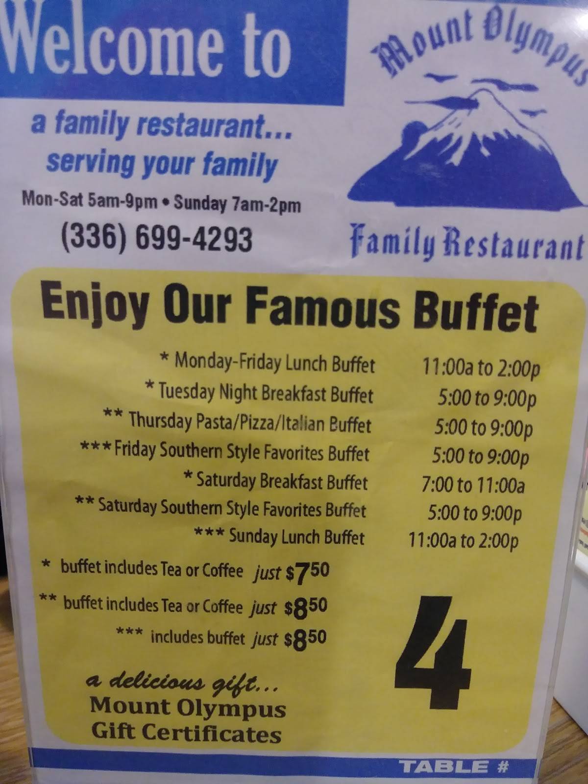 Menu at Mt Olympus Family Restaurant, East Bend
