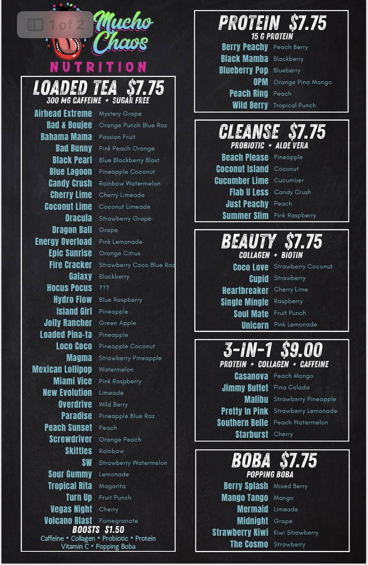 Menu at Mucho Chaos Nutrition restaurant, Willis