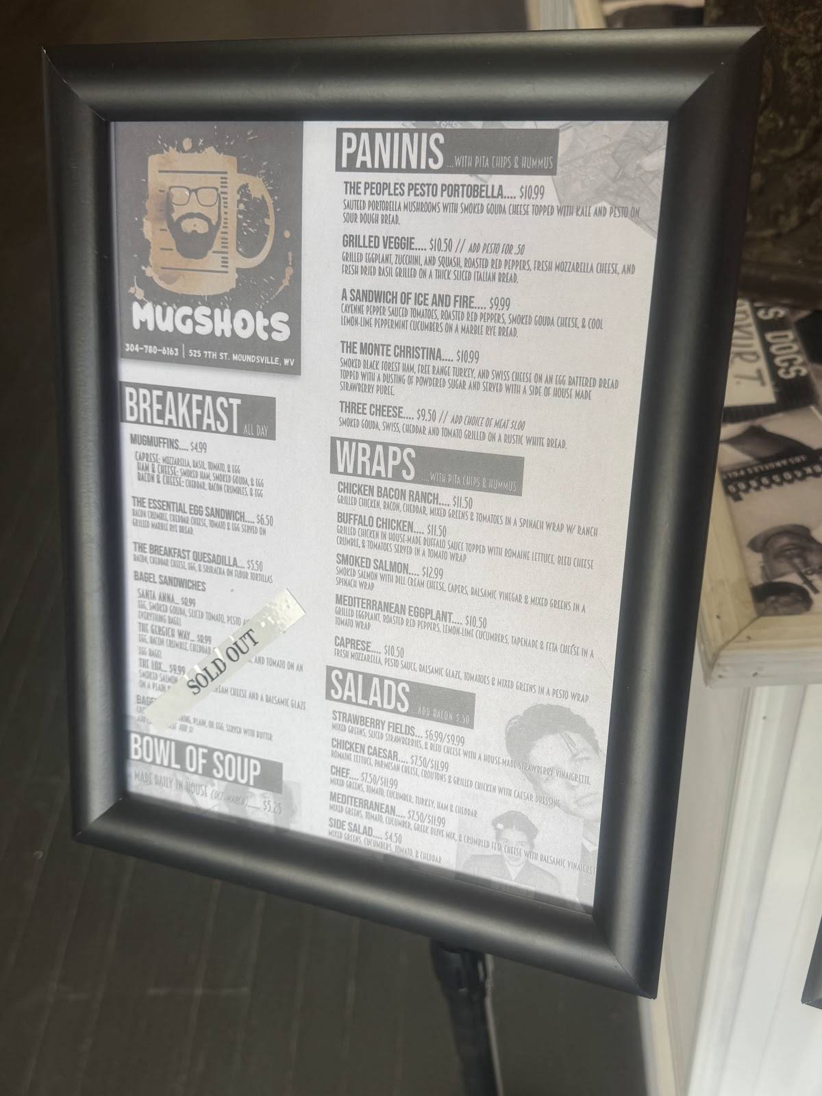 Menu at Mugshots, Moundsville