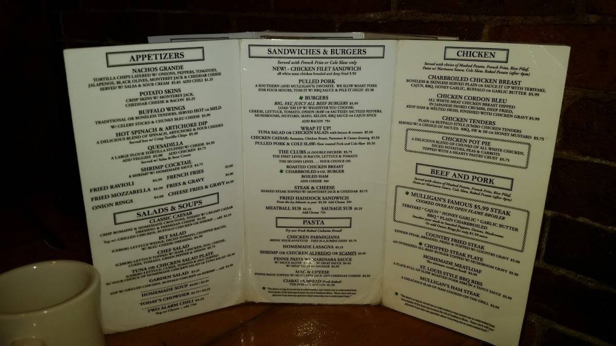 Menu at Mulligan's restaurant, Biddeford