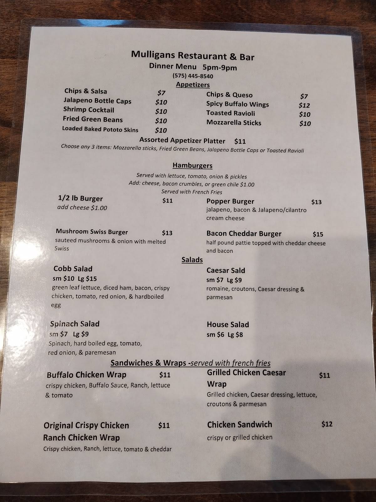Menu at Mulligan's Restaurant & Bar, Raton
