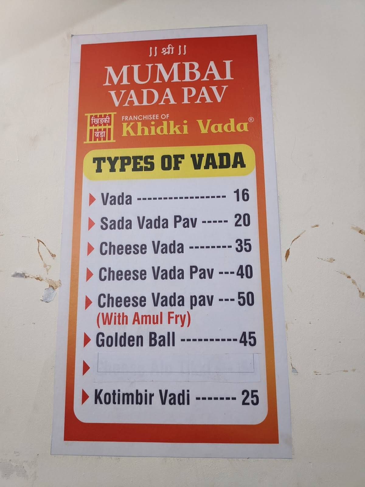 Menu at Mumbai Vada Pav, Indore, 34/9