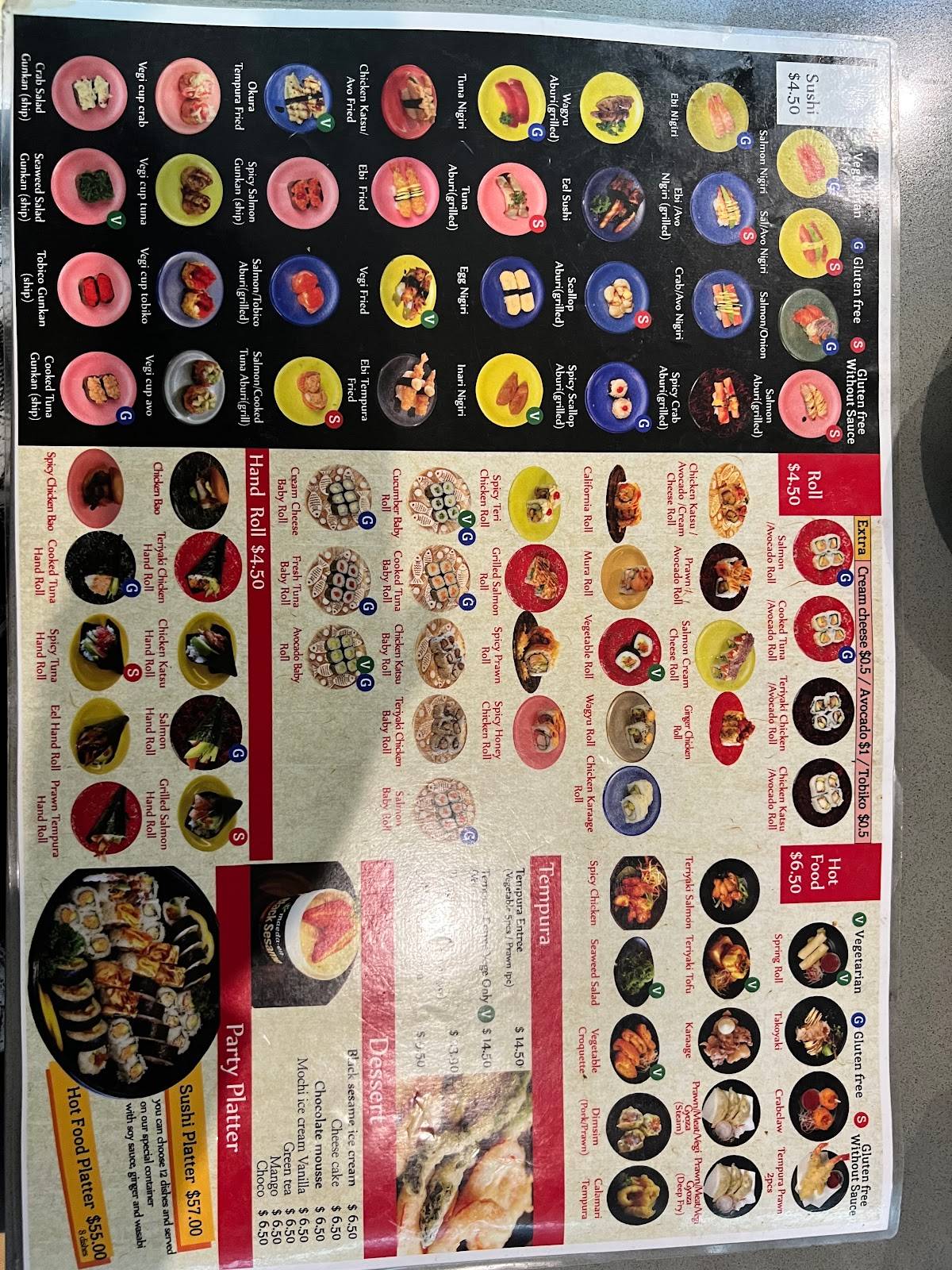 Menu at Mura Conveyor Sushi restaurant, Park Ridge